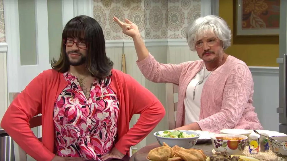 Watch: Bad Bunny, Pedro Pascal Don Drag for 'Protective Mom' Skit on ...
